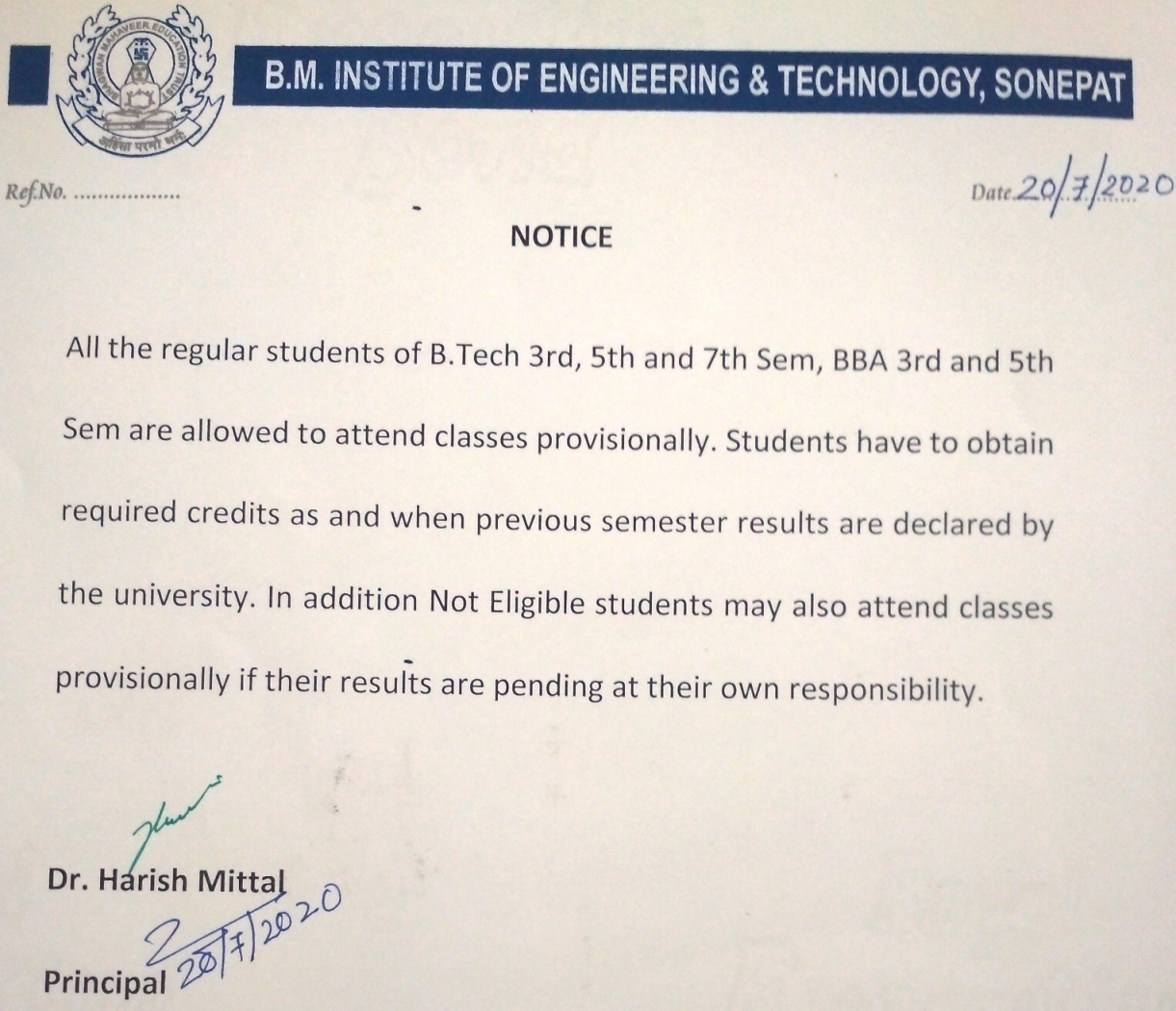 NOTICE – B. M. Institute of Engineering and Technology